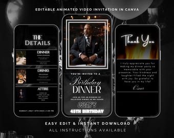 Animated Birthday Dinner Invitation, DIY Template Design, Men's Party ...