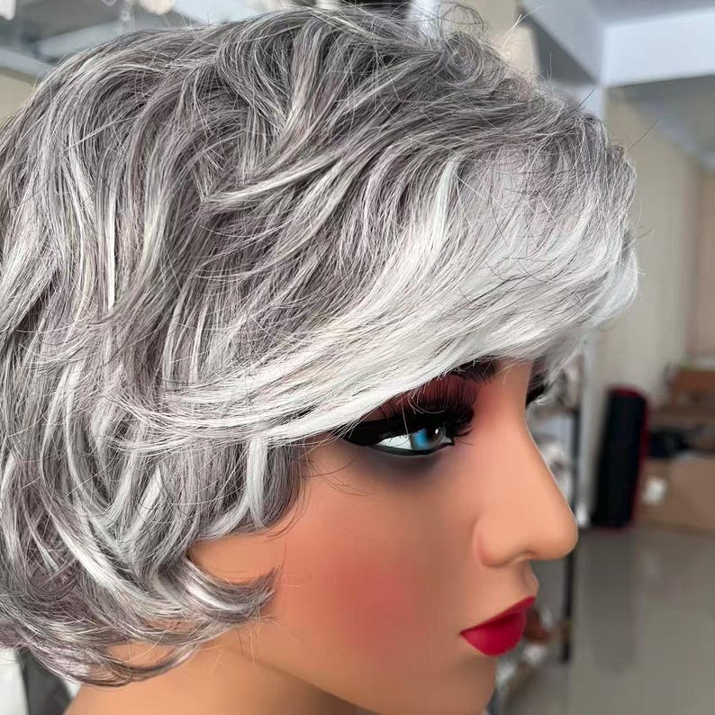 Wig: Pixie Cut, Gray White, Short, Wavy, Synthetic, Wig With Bangs ...