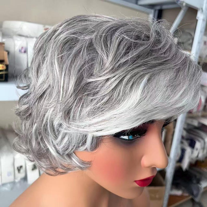 Wig: Pixie Cut, Gray White, Short, Wavy, Synthetic, Wig With Bangs ...