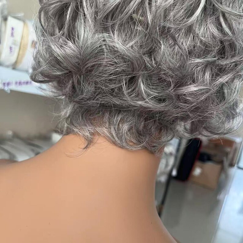 Wig: Pixie Cut, Gray White, Short, Wavy, Synthetic, Wig With Bangs ...