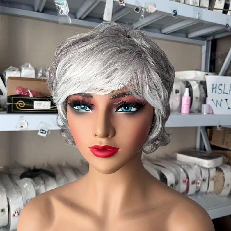 Wig: Pixie Cut, Gray White, Short, Wavy, Synthetic, Wig With Bangs ...