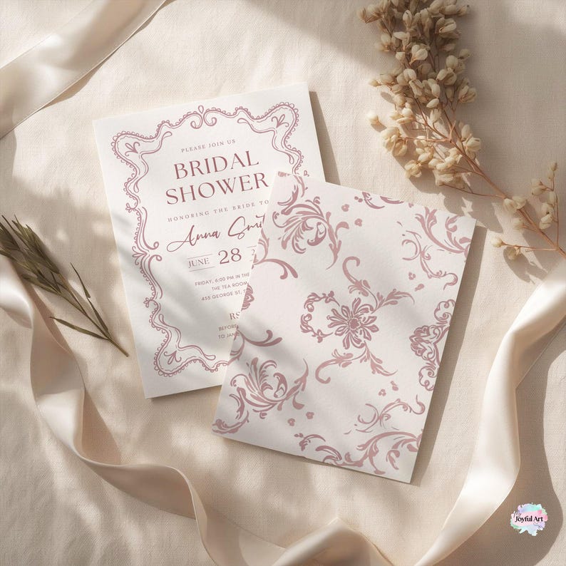 Bridal Shower Invitation Template Editable Canva, Blush Pink Vintage ...