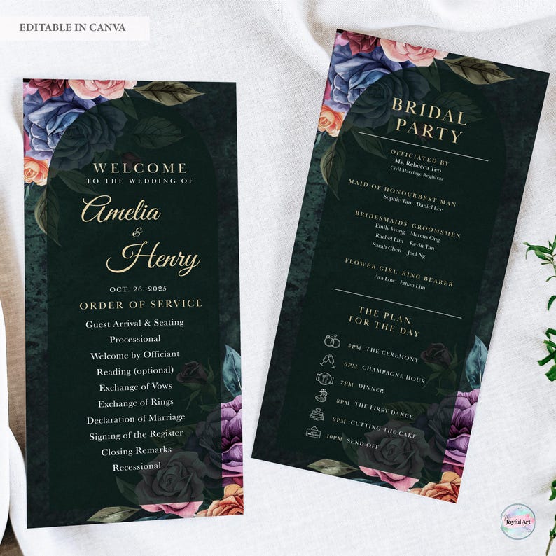 Jewel Tone Wedding Program Template Canva Editable, Ceremony Order of ...