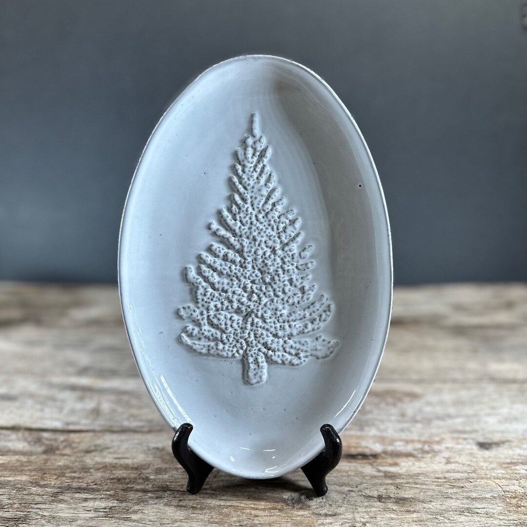 Christmas Tree Plate by Mariposa, Winter White Pottery Ceramic Oval ...