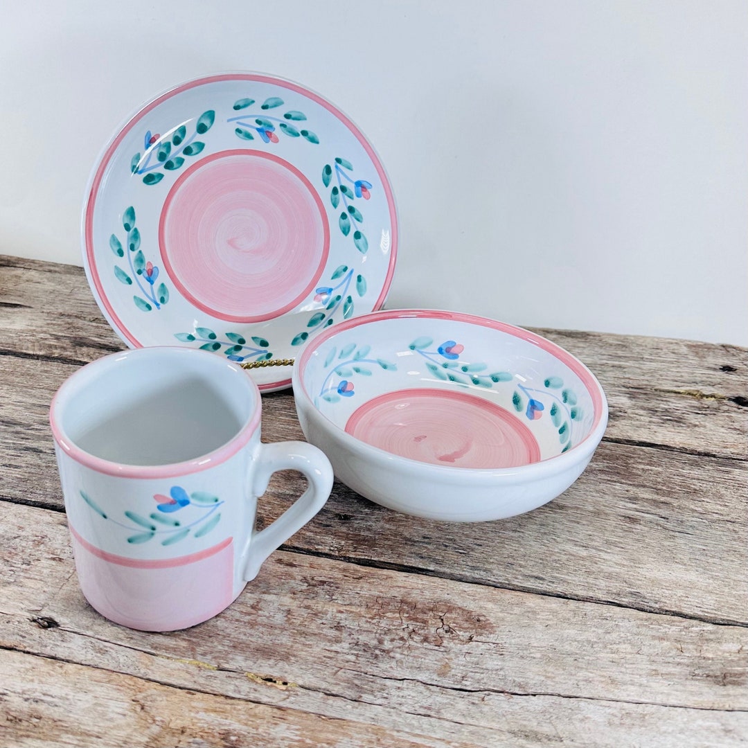 Caleca Pink Garland Italian Pottery, Set of 3 Plate Bowl and Mug Pink ...