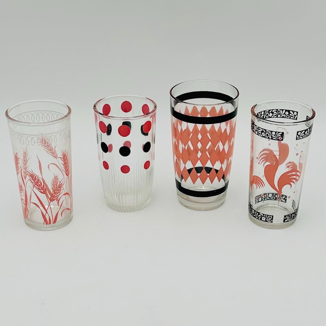 Set of 4 Vintage Hazel Atlas Glasses, Pink and Black Mid Century ...