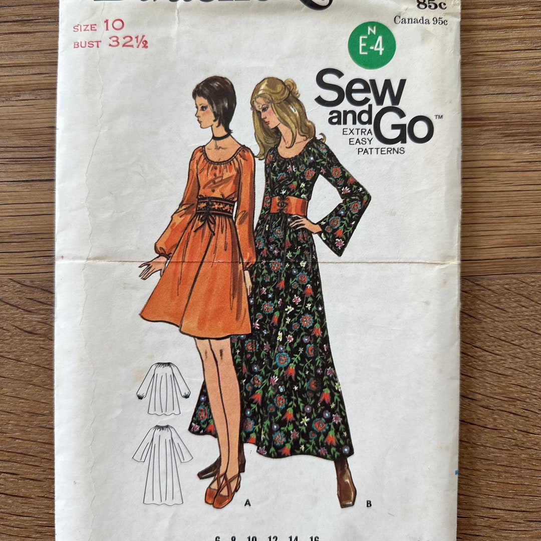 Butterick 6080 Sewing Pattern 1970s Mod Peasant Dress Mini or Maxi ...
