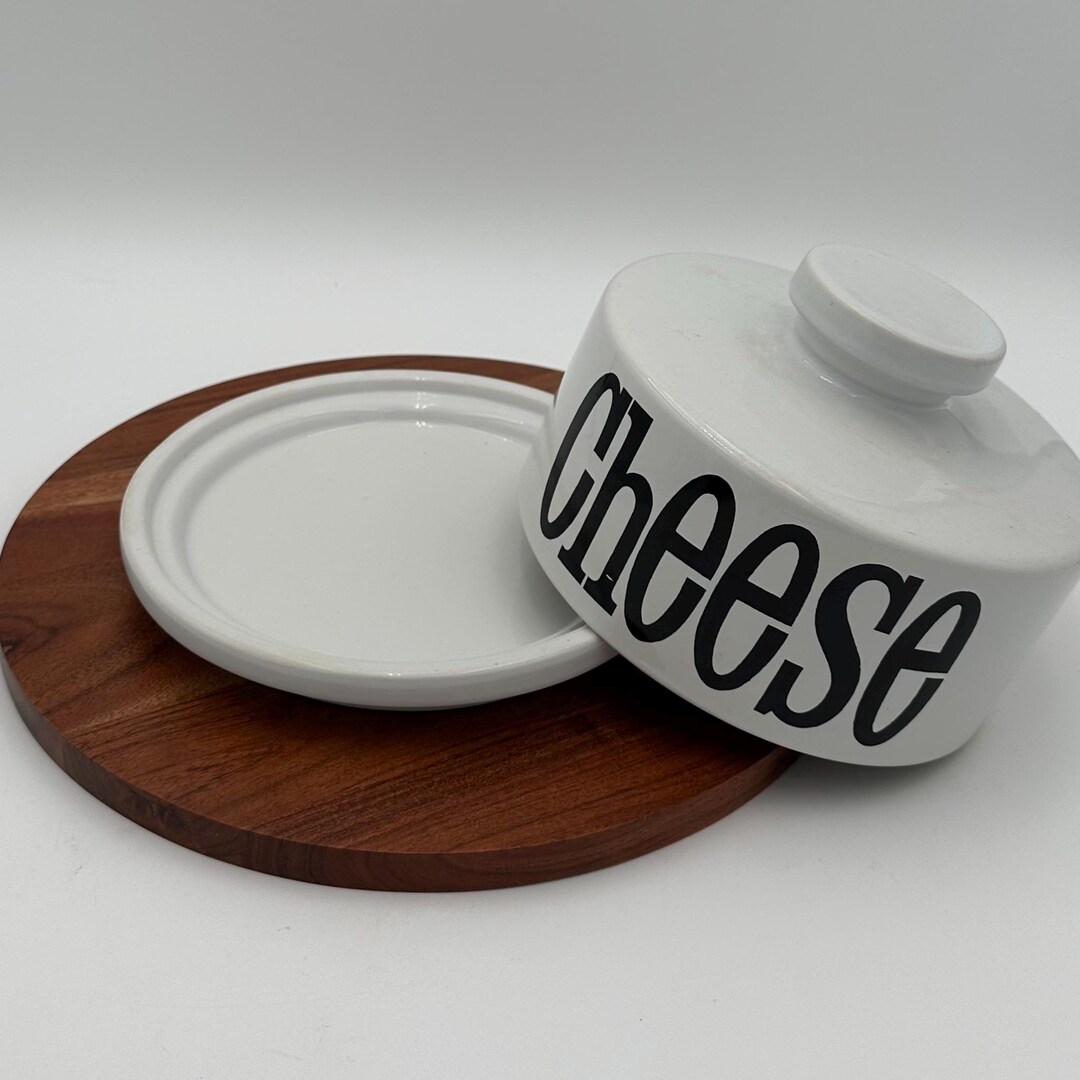 Vintage Covered Cheese Dome, 1970s White Ironstone CHEESE Typography ...