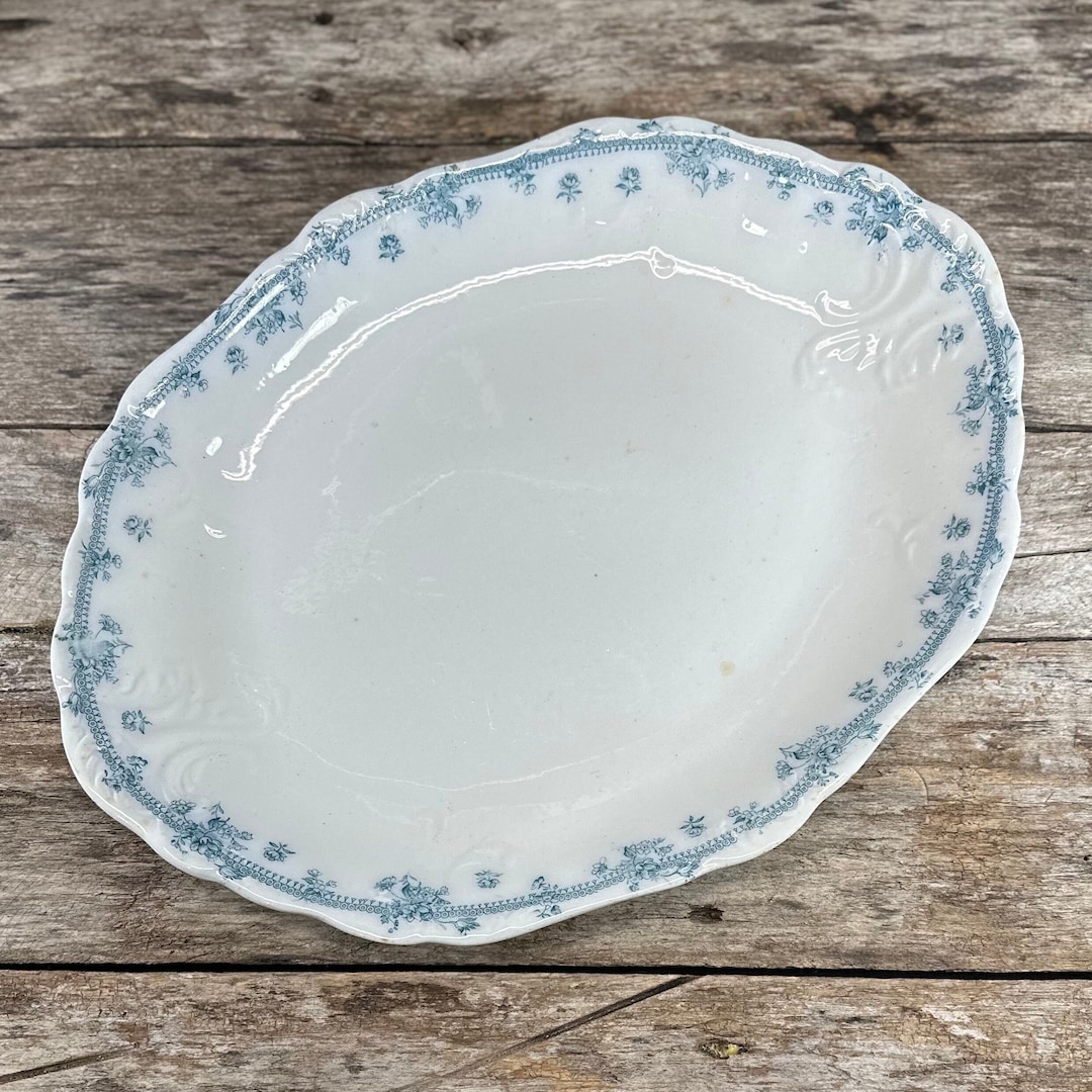 Antique Ironstone Large Platter With Blue Transferware Flowers Made by ...