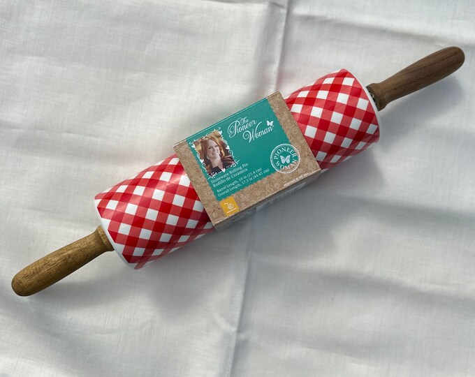 Pioneer Woman Ceramic Rolling Pin Red Gingham Charming Check Wood ...