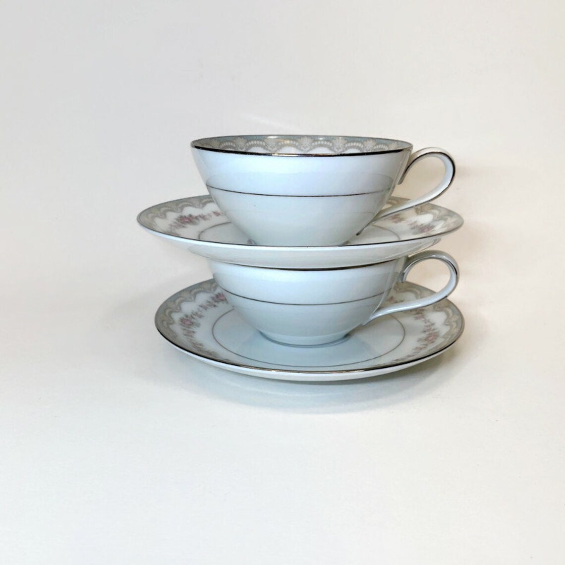 Vintage Noritake Glenwood Tea Cup and Saucer Set, Pink Roses, Platinum ...