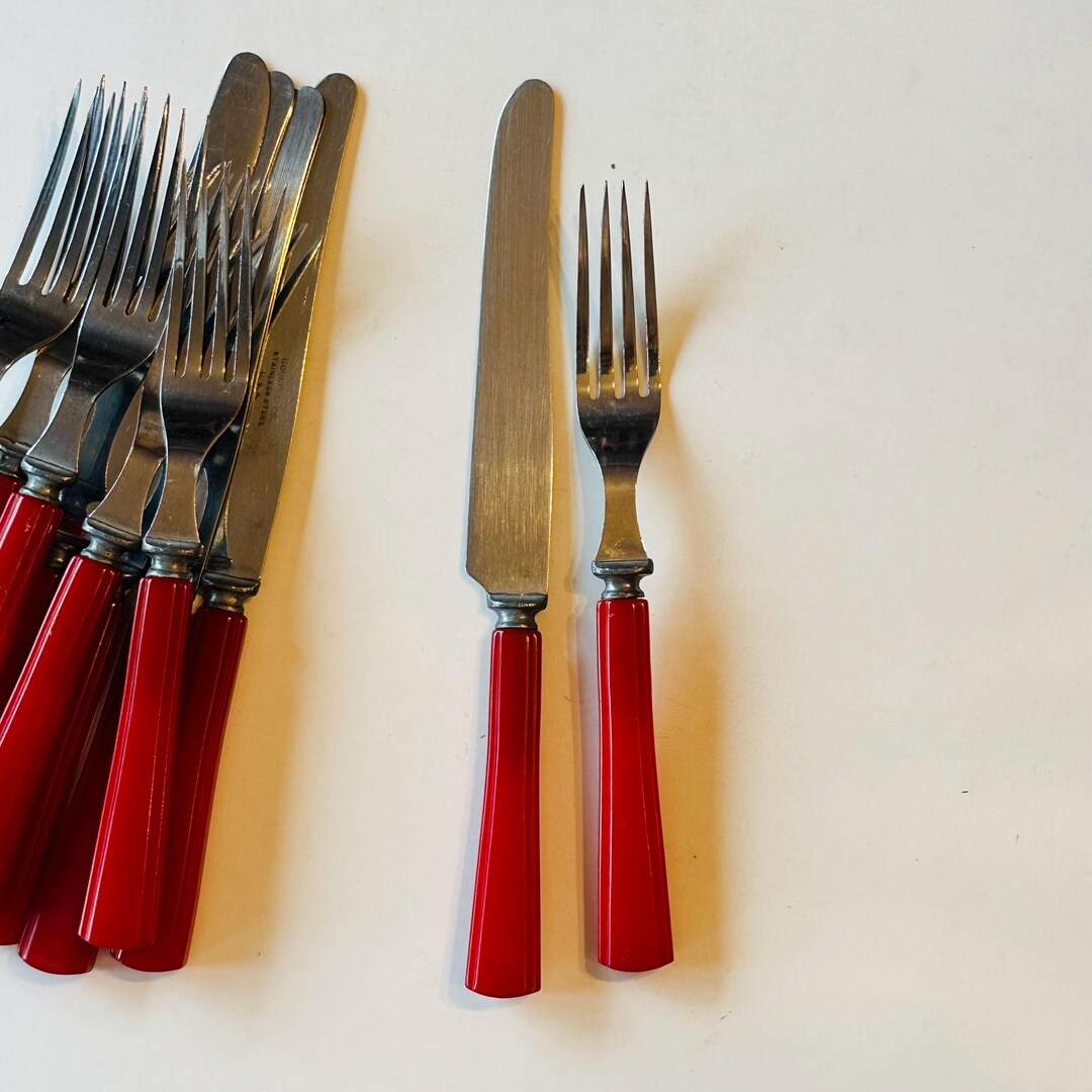 Vintage Red Bakelite Stainless Steel Flatware, Art Deco Forks and ...