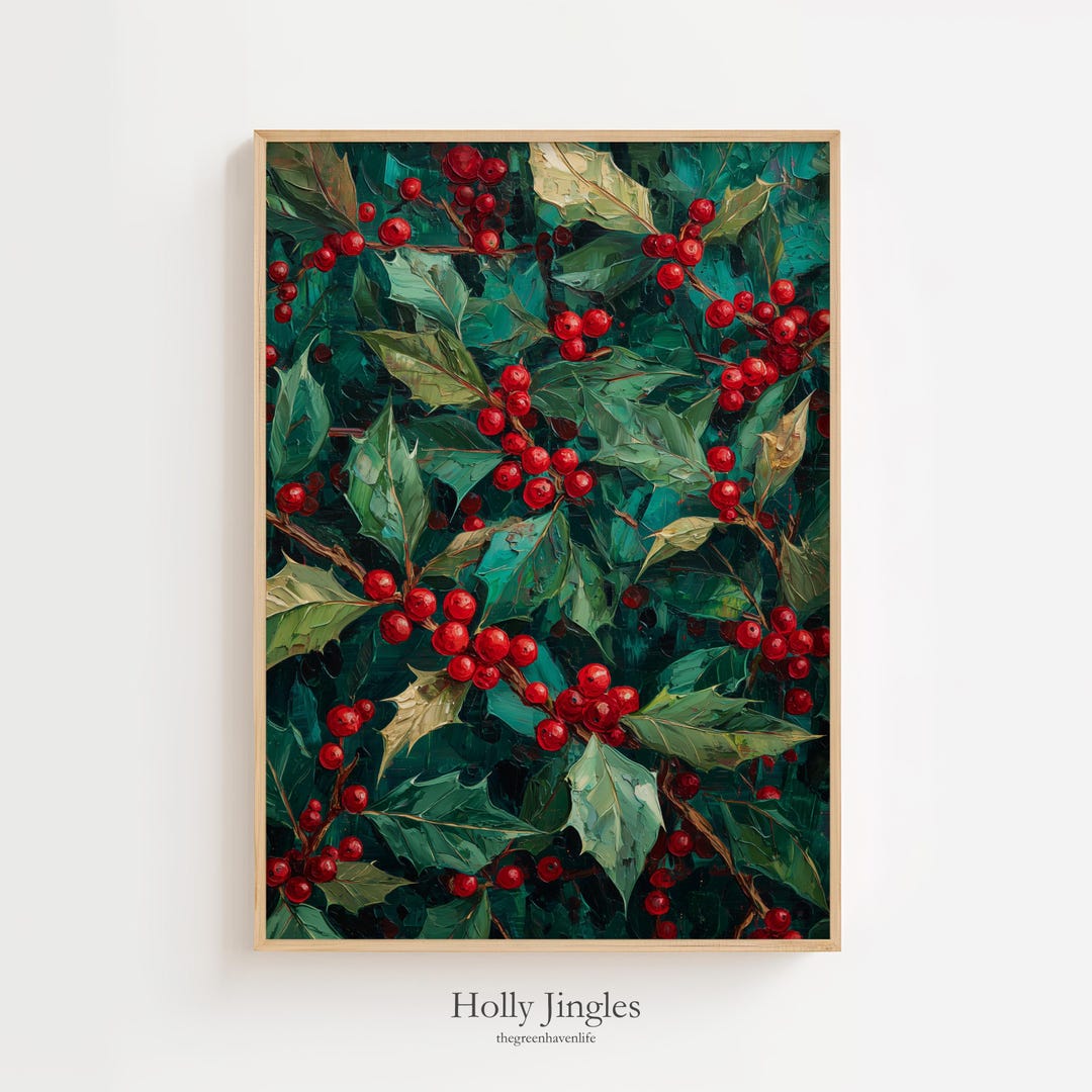 Holly Berry Christmas Wall Art | Festive Impasto Print (digital ...