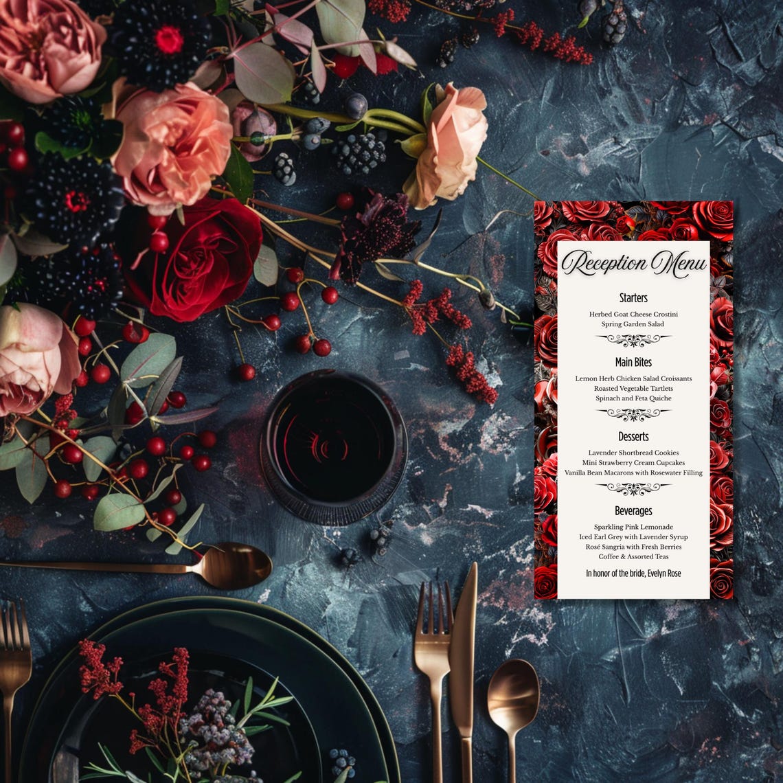Gothic Wedding Menu Template – 4x8 Canva Printable for Bridal Shower or ...
