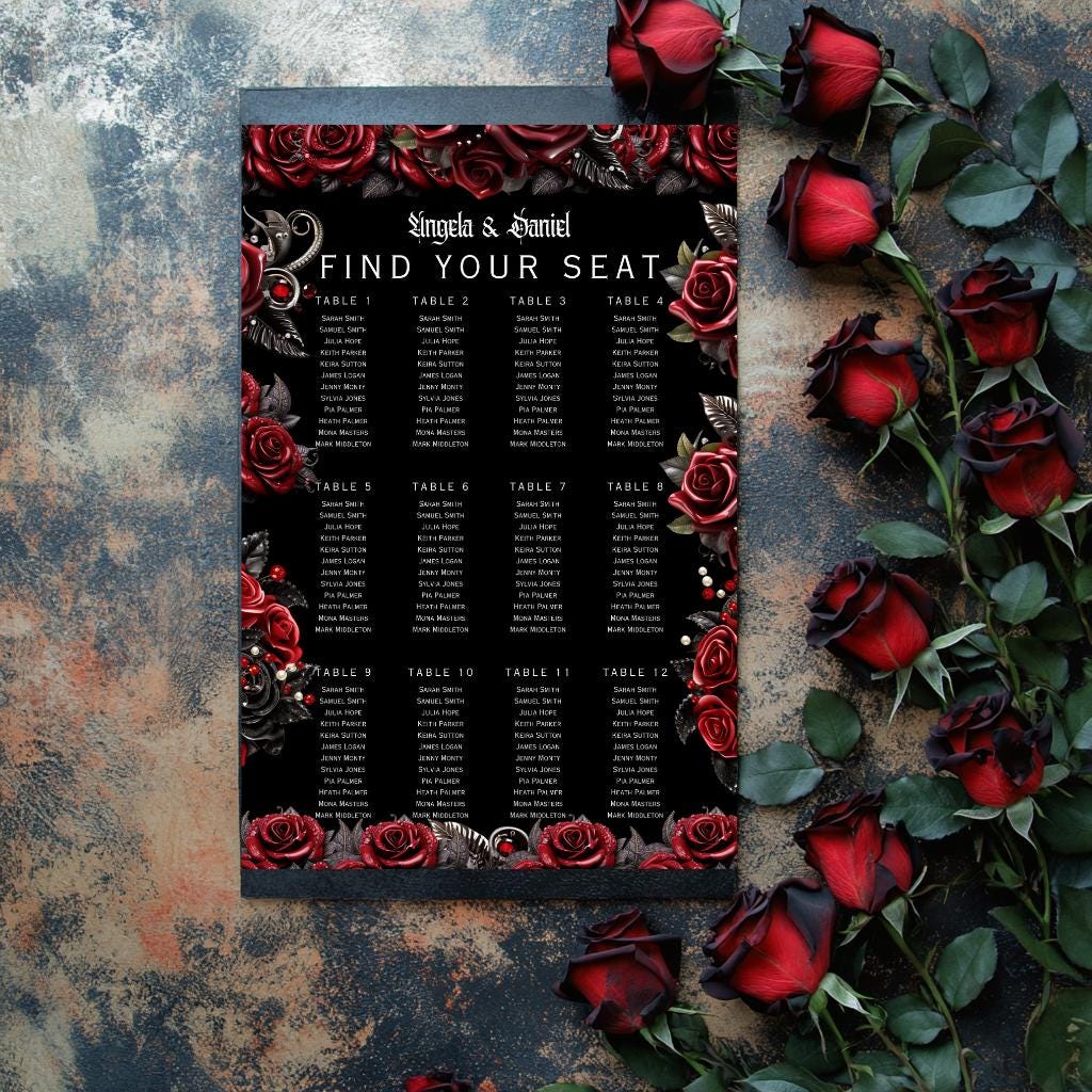 Goth Wedding Seating Chart Canva Template | Black & Red Roses | Dark ...