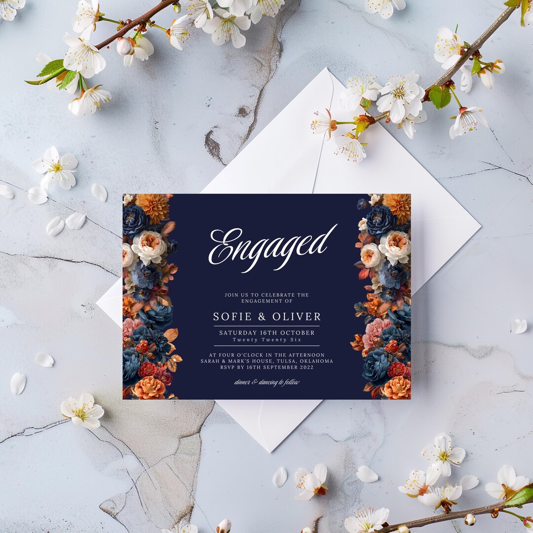 Elegant Navy & Burnt Orange Engagement Invitation Template | Editable ...