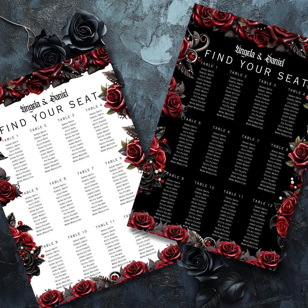 Goth Wedding Seating Chart Canva Template | Black & Red Roses | Dark ...