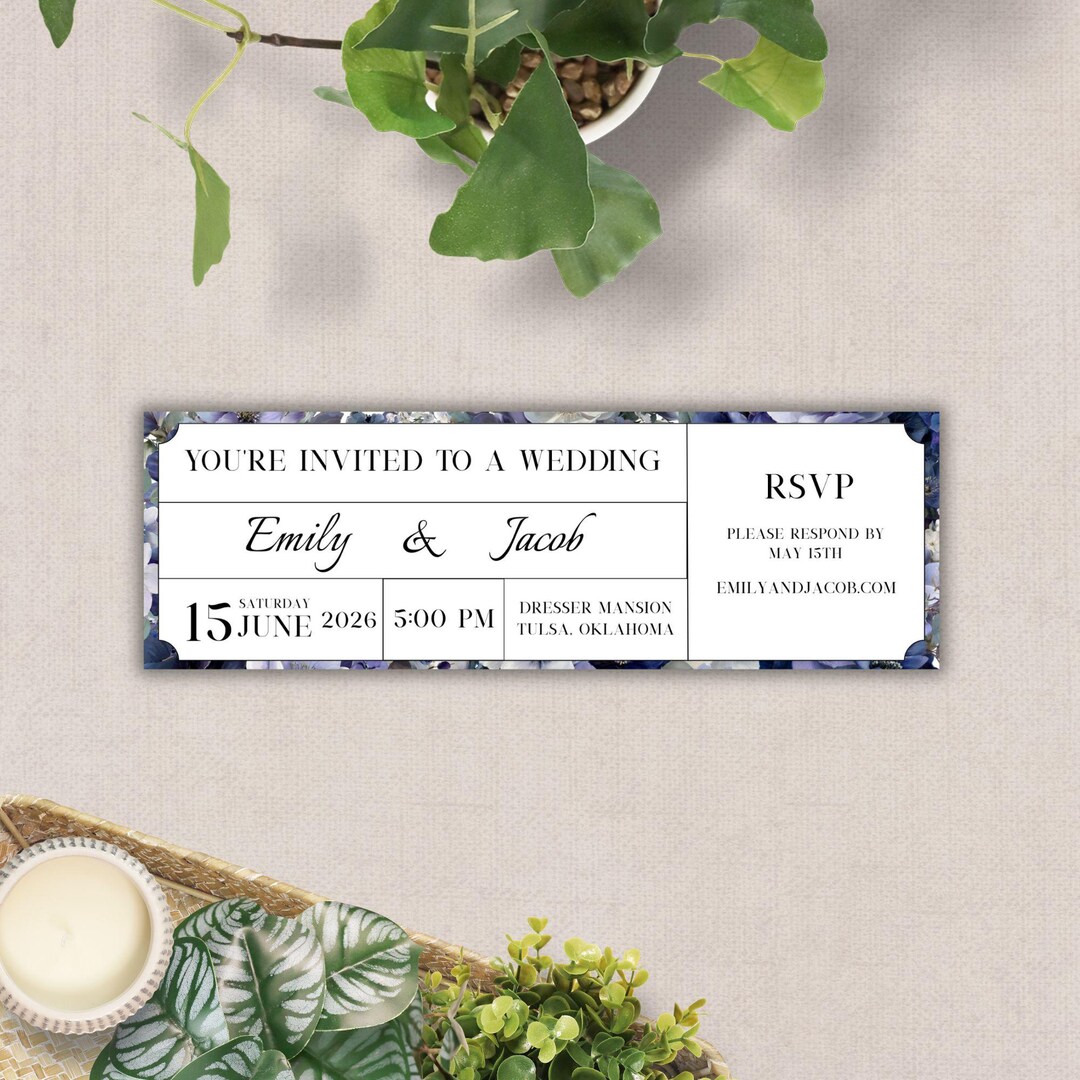 Ticket Style Wedding Invitation · Blue Floral Event Pass Design ...