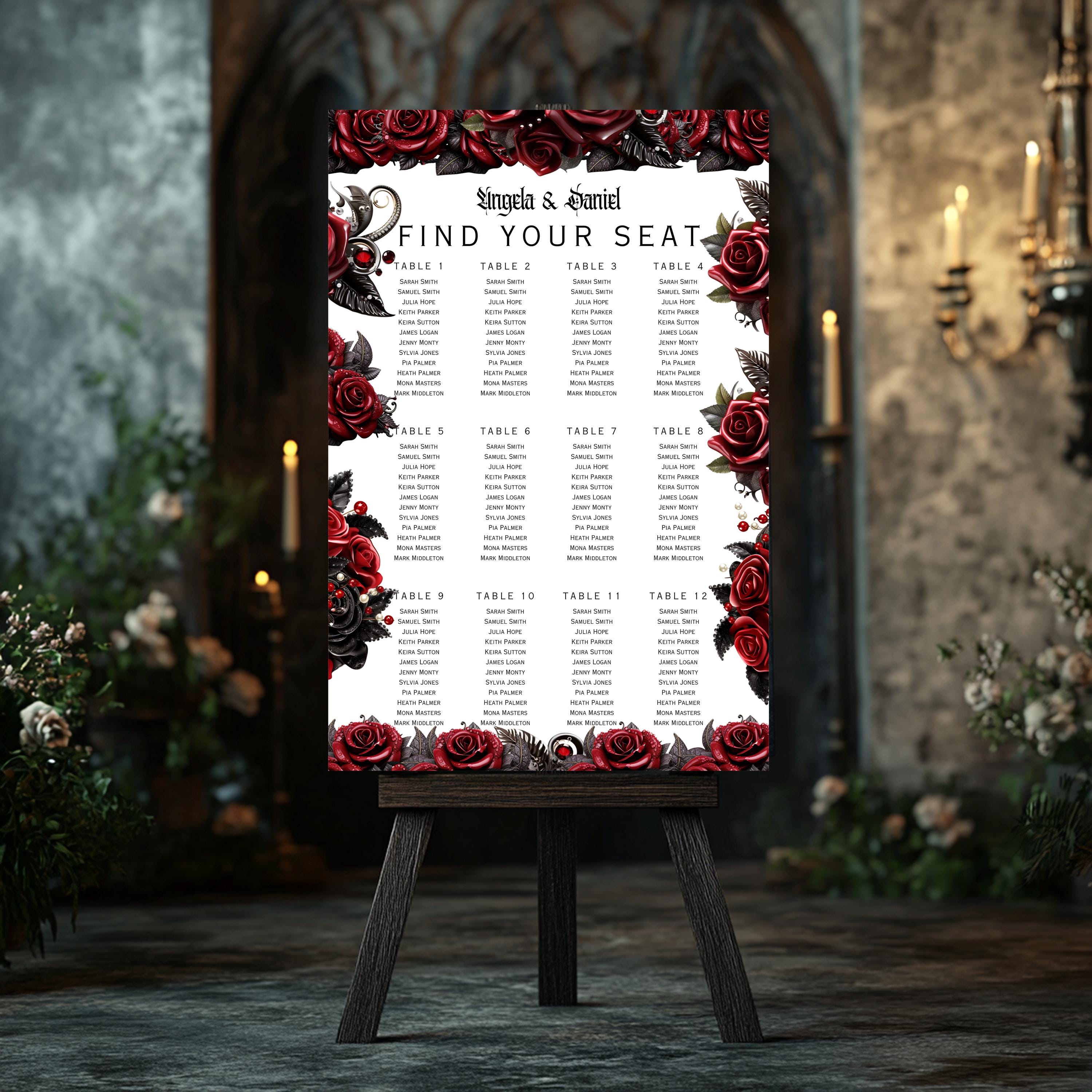 Goth Wedding Seating Chart Canva Template | Black & Red Roses | Dark ...