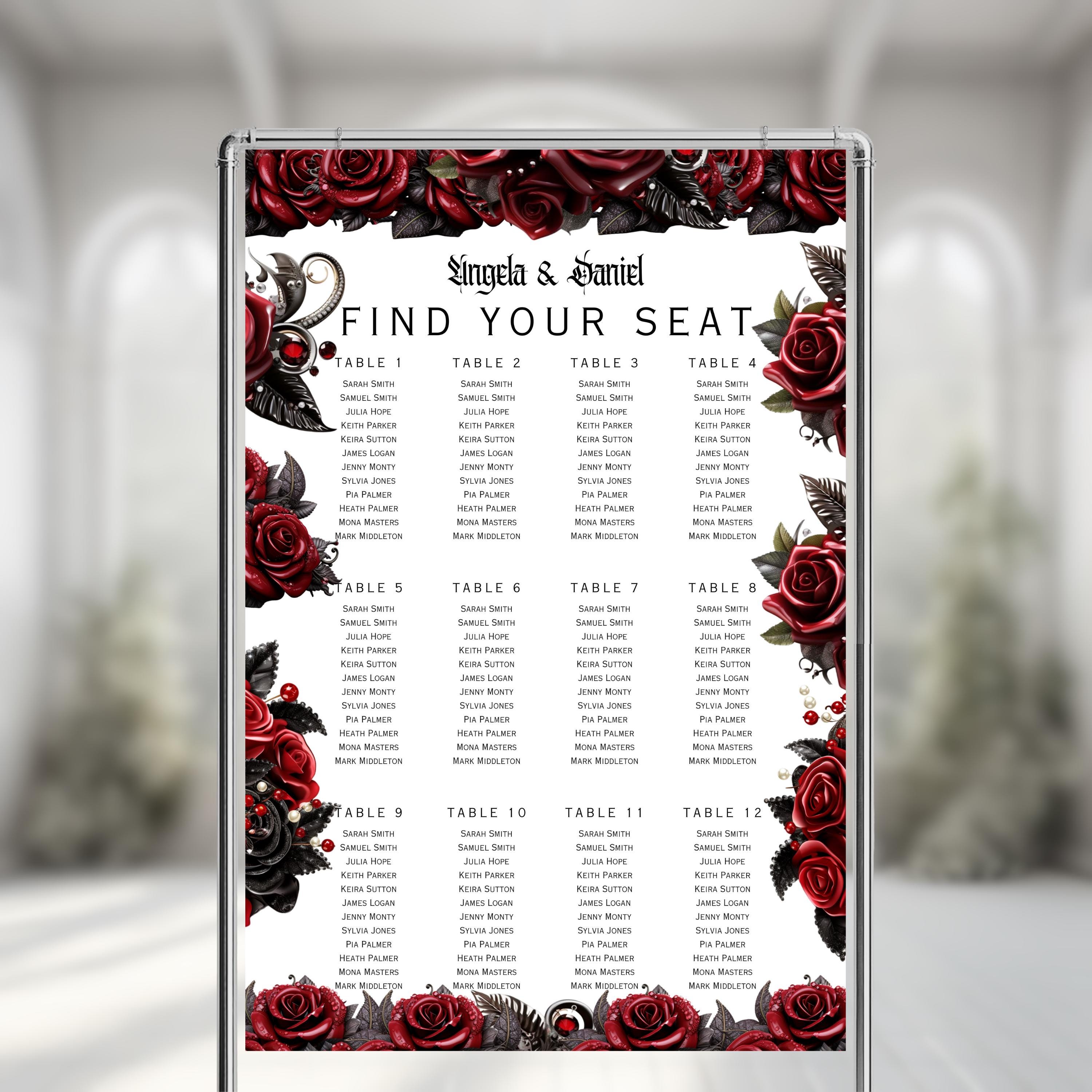 Goth Wedding Seating Chart Canva Template | Black & Red Roses | Dark ...