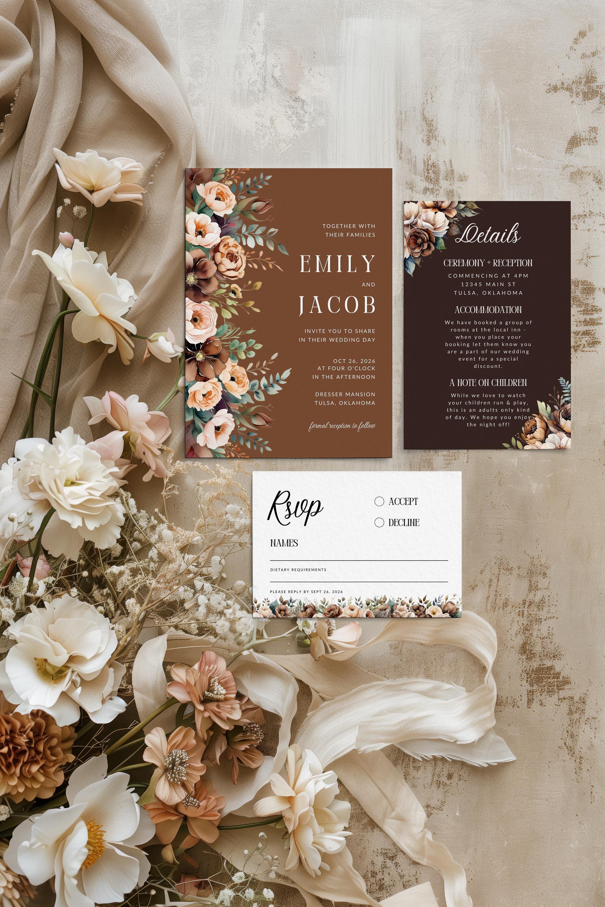 Mocha Wedding Invitation Set, Brown Floral Wedding Invite With RSVP and ...