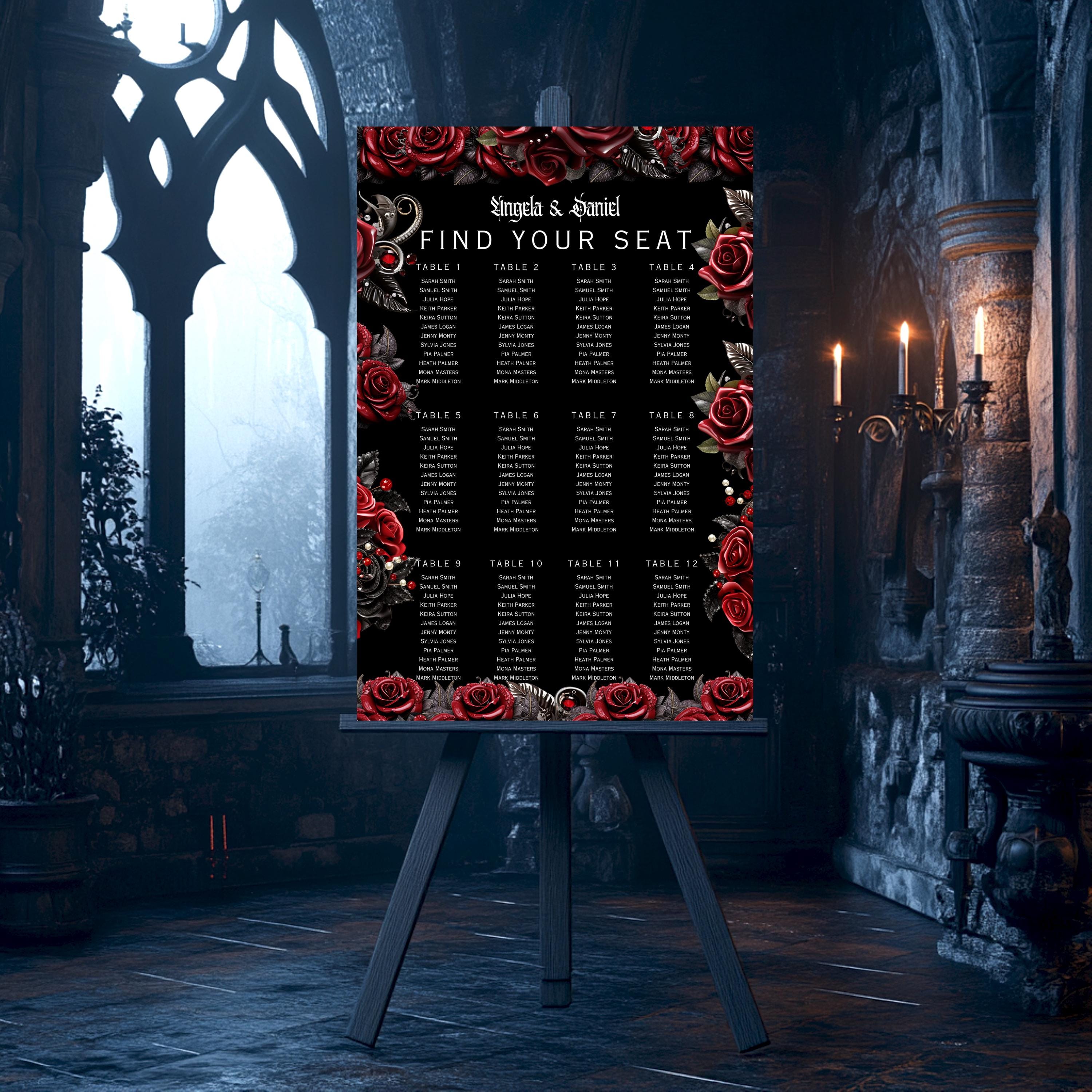 Goth Wedding Seating Chart Canva Template | Black & Red Roses | Dark ...