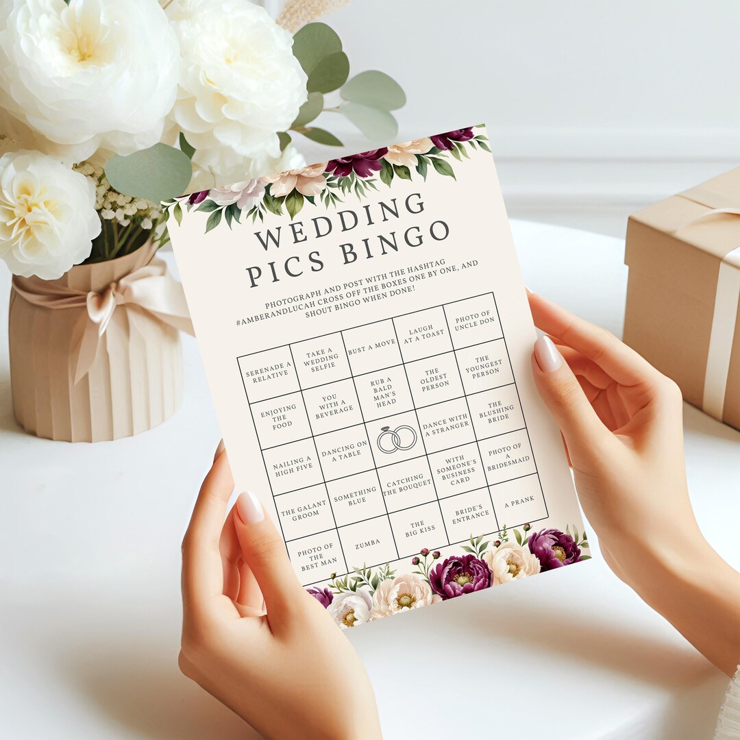 Wedding Pics Bingo Template • Editable Canva 5×7 Burgundy Floral ...