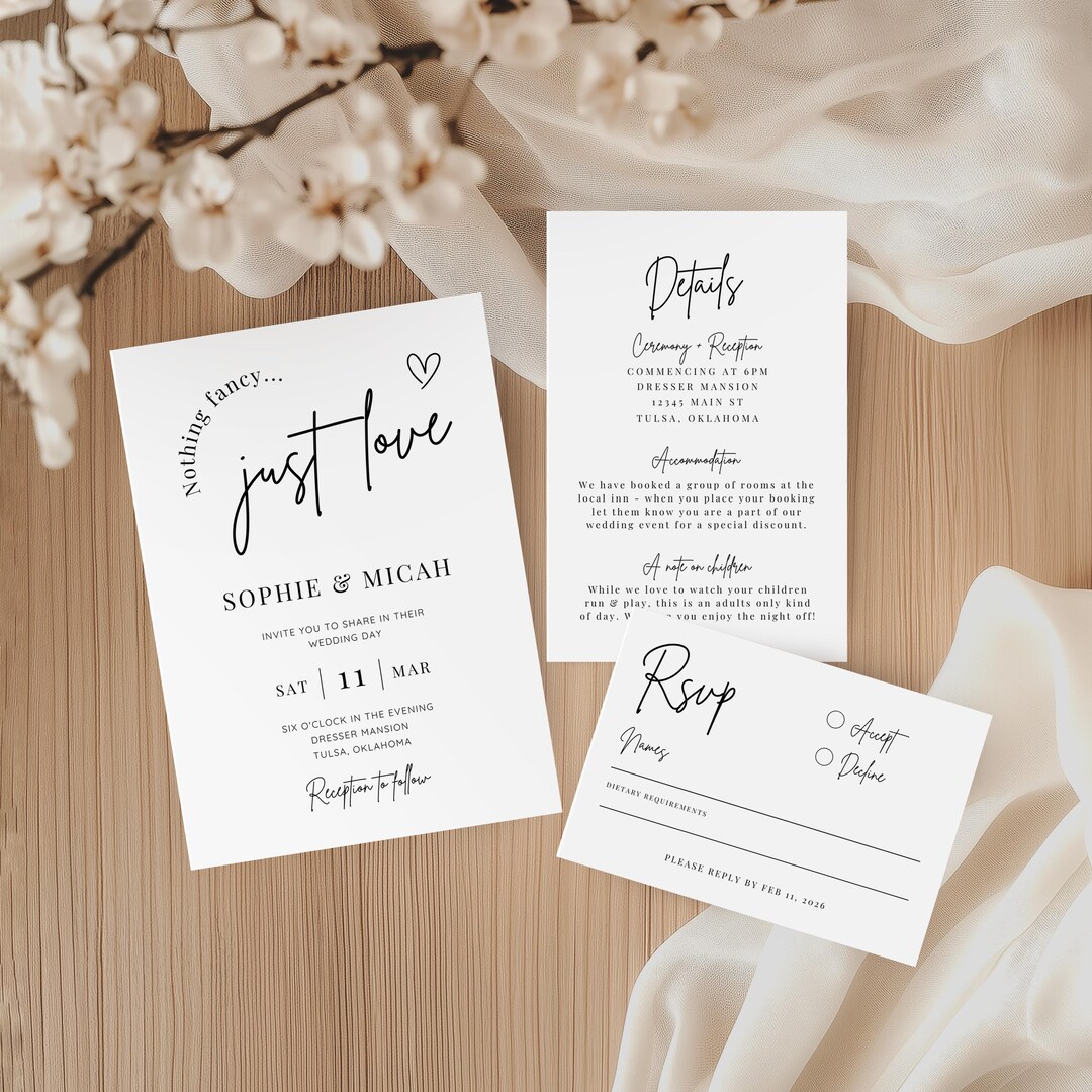 Nothing Fancy Just Love Wedding Invites Bundle Printable – Minimal ...