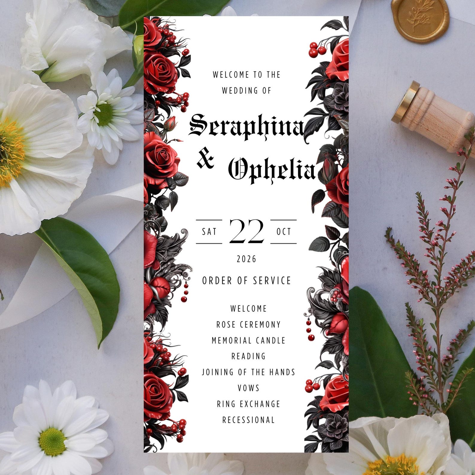 Goth Wedding Program Template MMV001, 4x8 Double Sided Canva Printable ...