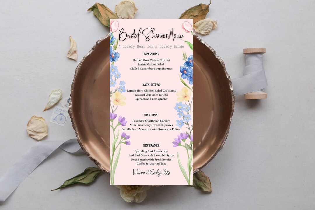 Wildflower Wedding Menu Template – 4x8 Editable Canva Bridal Shower or ...