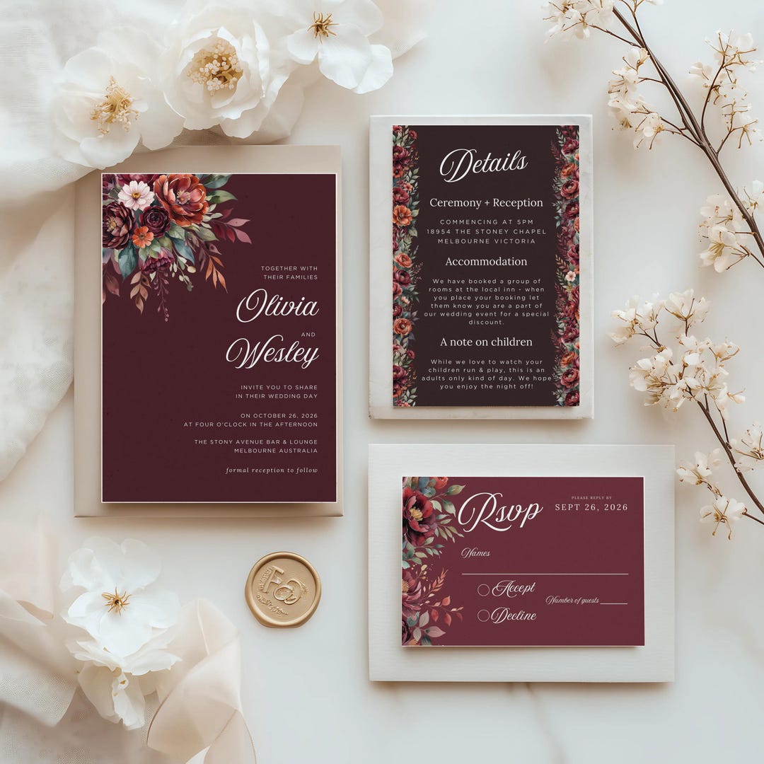Burgundy and Rust Wedding Invitation Set: Editable Canva Template - Etsy