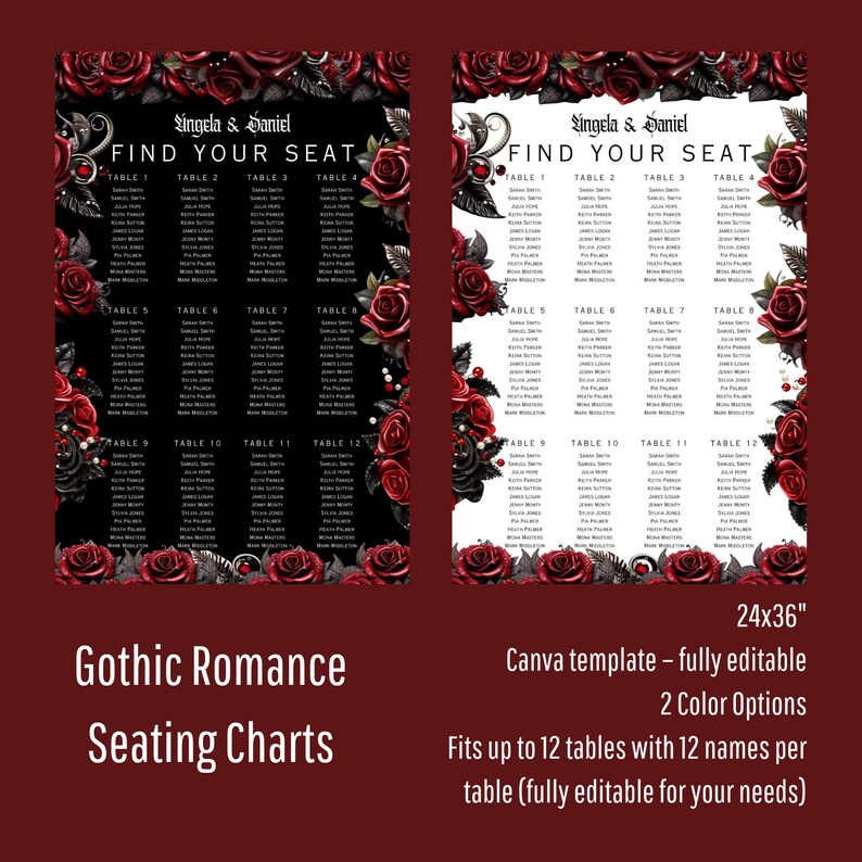 Goth Wedding Seating Chart Canva Template | Black & Red Roses | Dark ...