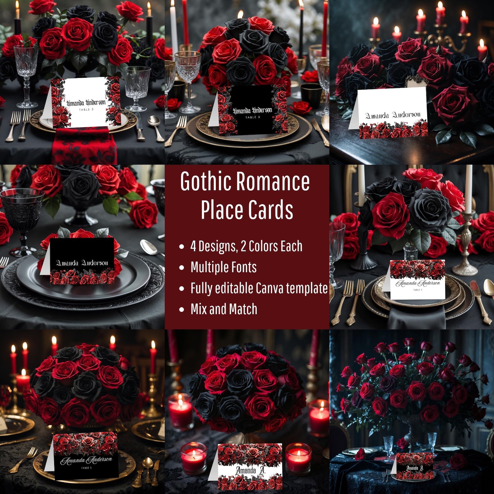 Goth Wedding Reception Place Cards Template – Editable Canva, Elegant Table Decor, Gothic ...