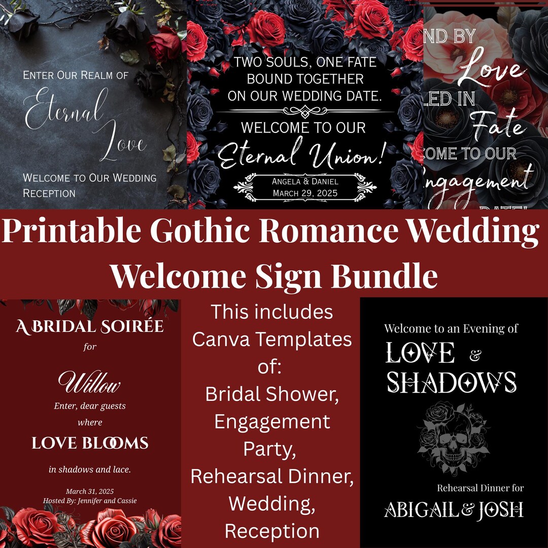 Romantic Goth Wedding Sign Bundle | Canva Templates | Engagement ...