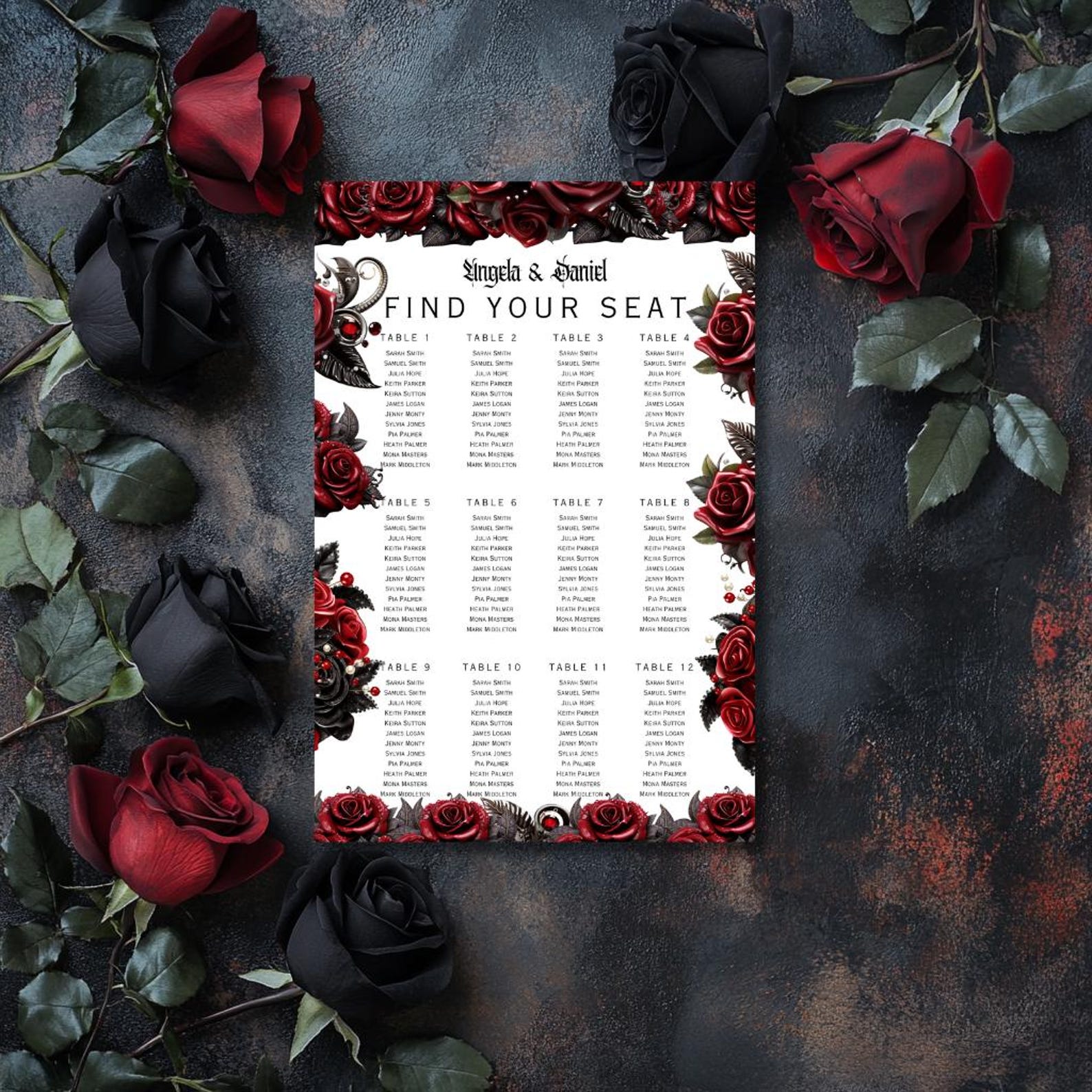 Goth Wedding Seating Chart Canva Template | Black & Red Roses | Dark ...