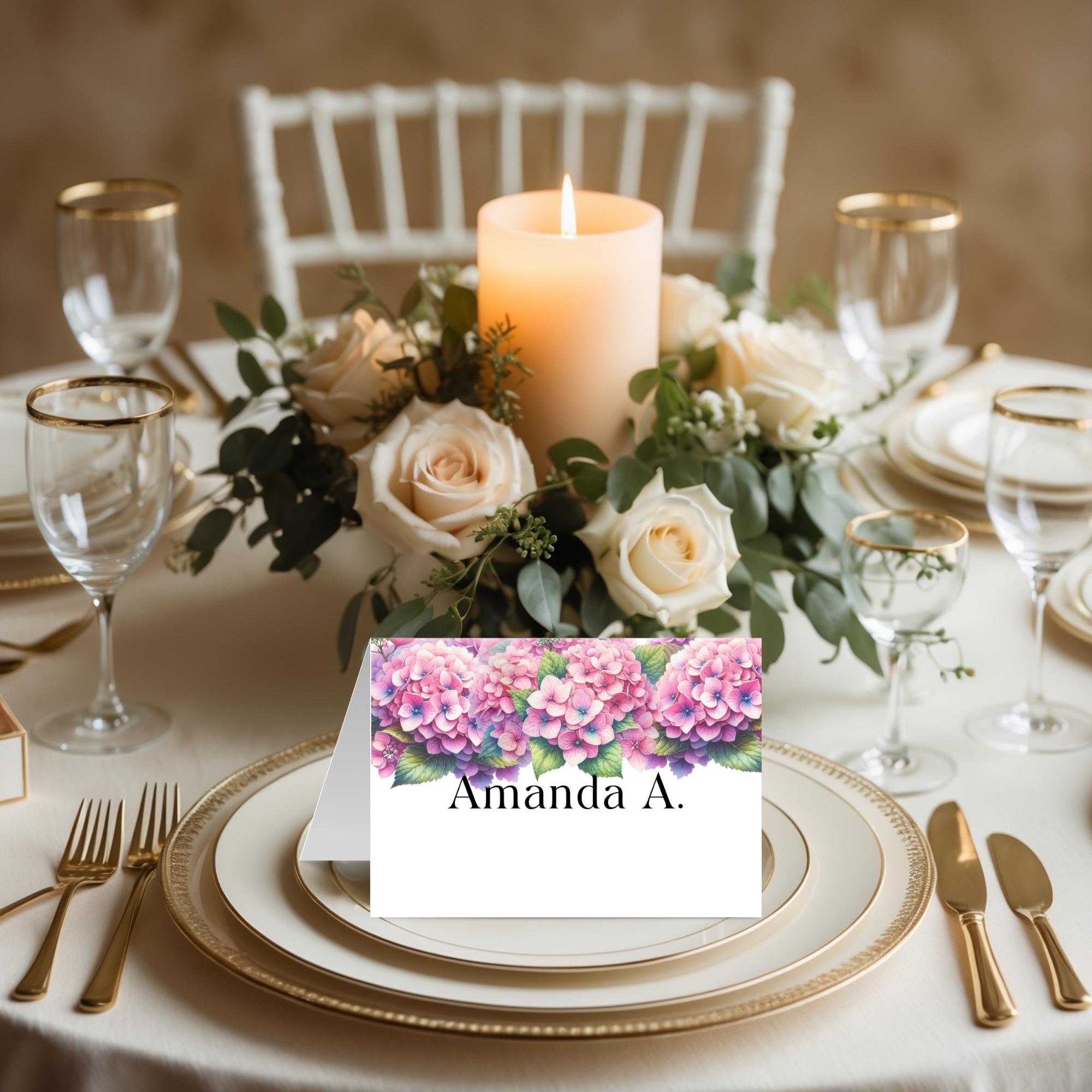 Editable Folding Wedding Place Cards Template | Pink Hydrangea Floral ...