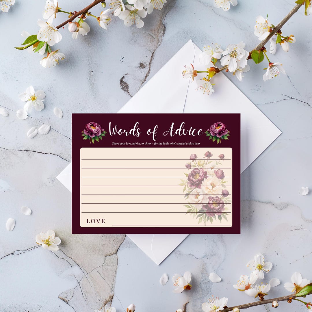 Advice for the Bride Card Printable, 7x5 Burgundy & Cream Floral ...