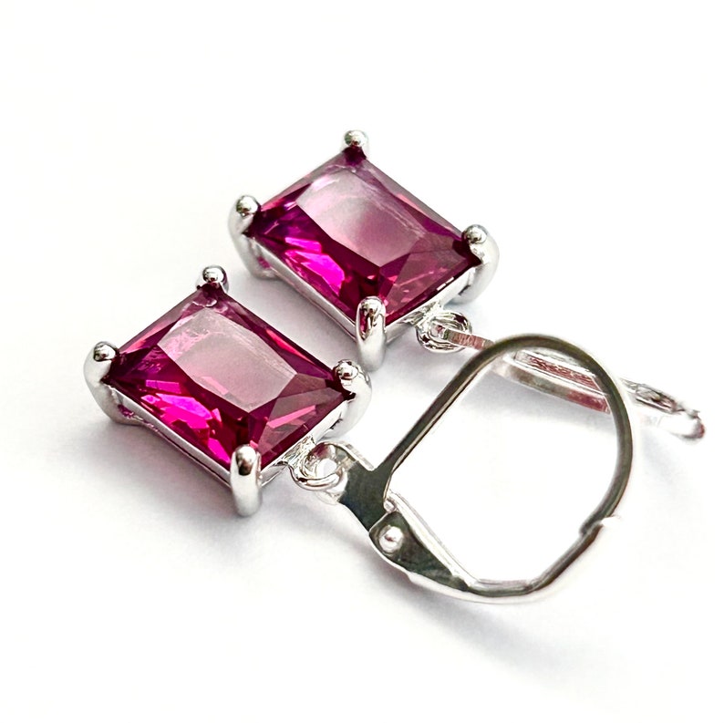 Magenta Emerald Cut Crystal Earrings - Sterling Silver Lever Backs ...