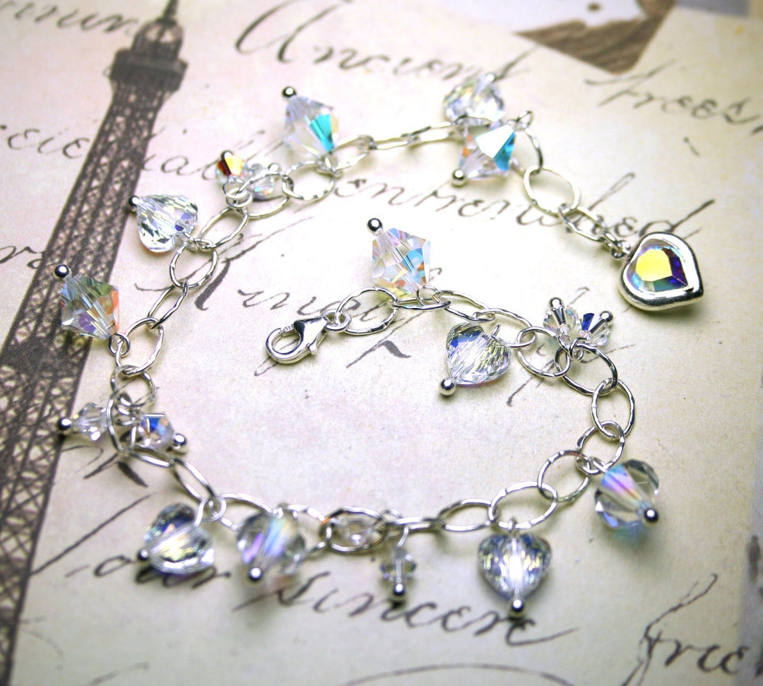 Vintage Swarovski Crystal Heart Bracelet in Crystal AB and All Sterling ...