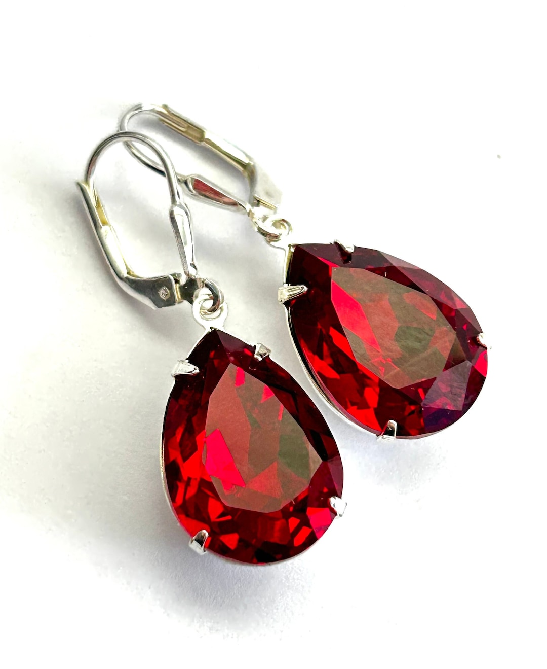 Red Teardrop Crystal Lever Back Earrings - Sterling Silver Teardrop ...