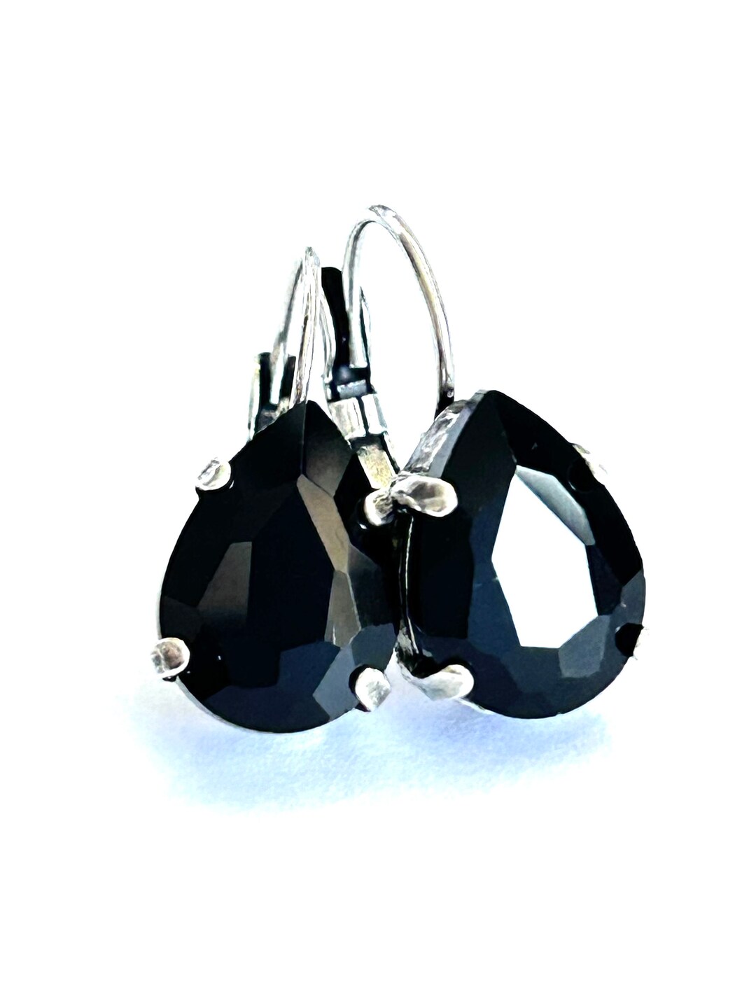 New - Black Pear Shaped Crystal Lever Back Earrings in Antique Silver ...