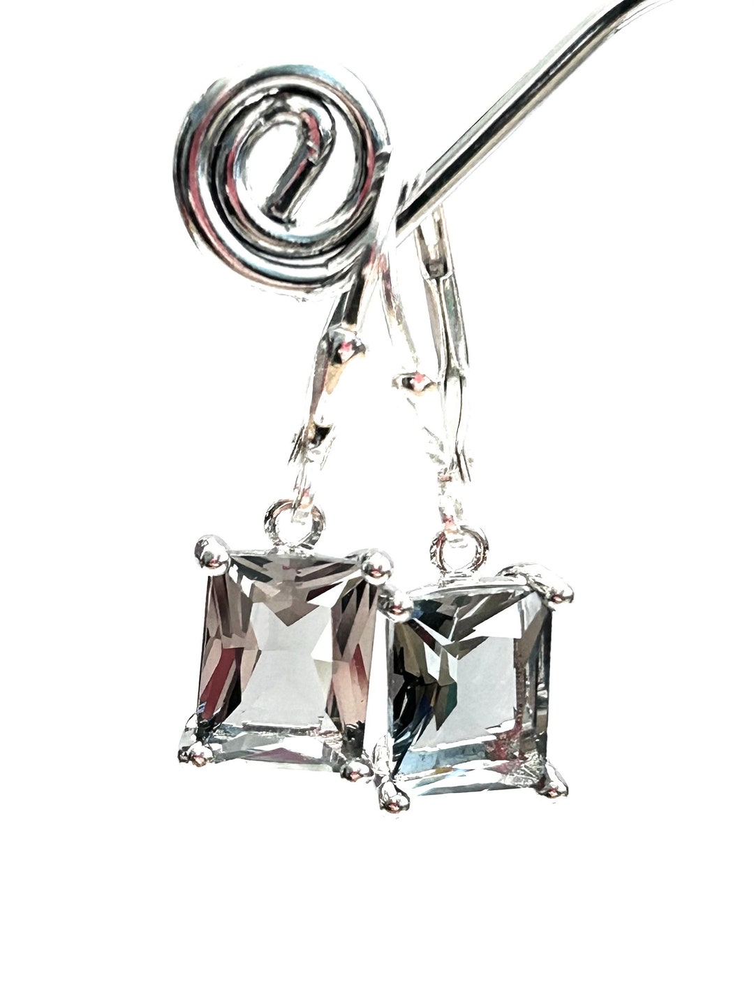 New- Black Diamond Emerald Cut Crystal Earrings - Sterling Silver ...