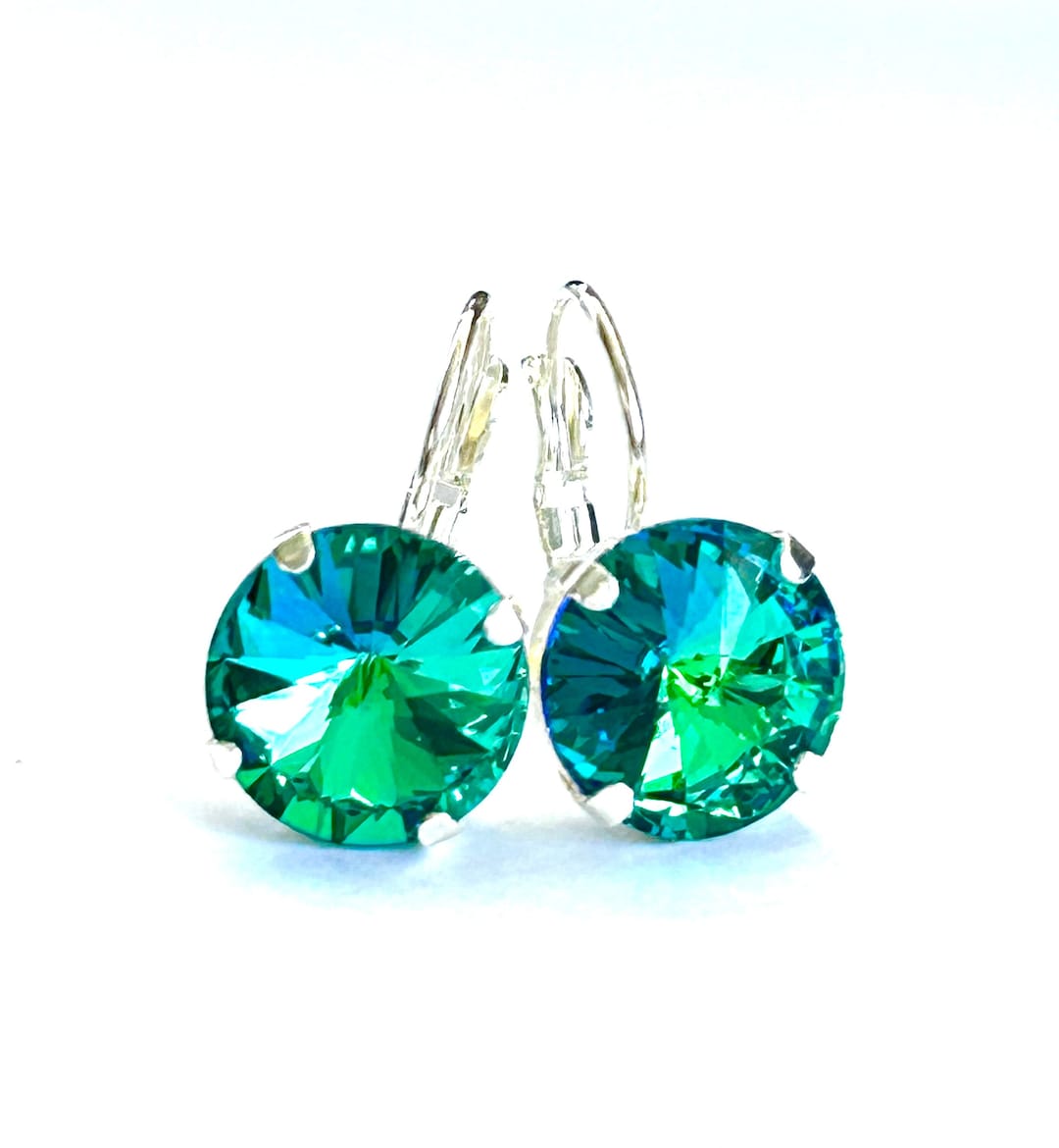 Aqua Blue Sphinx Crystal Lever Back Earrings - Blue and Green Round ...