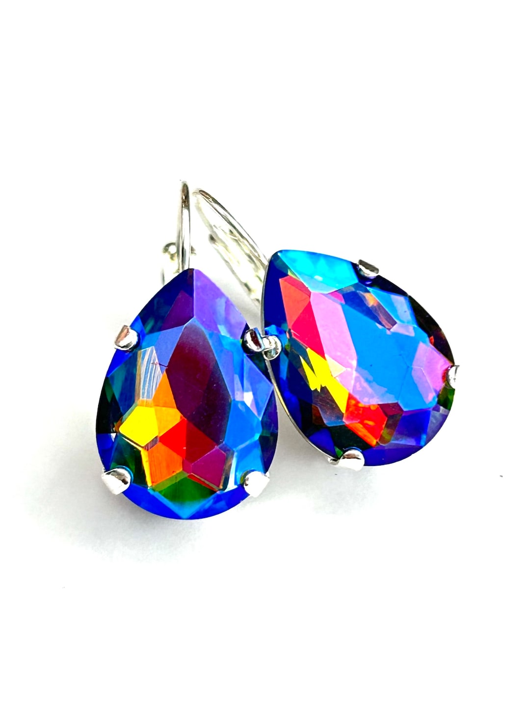 Rainbow AB Crystal Pear Lever Back Earrings Silver Lever Backs Unique ...