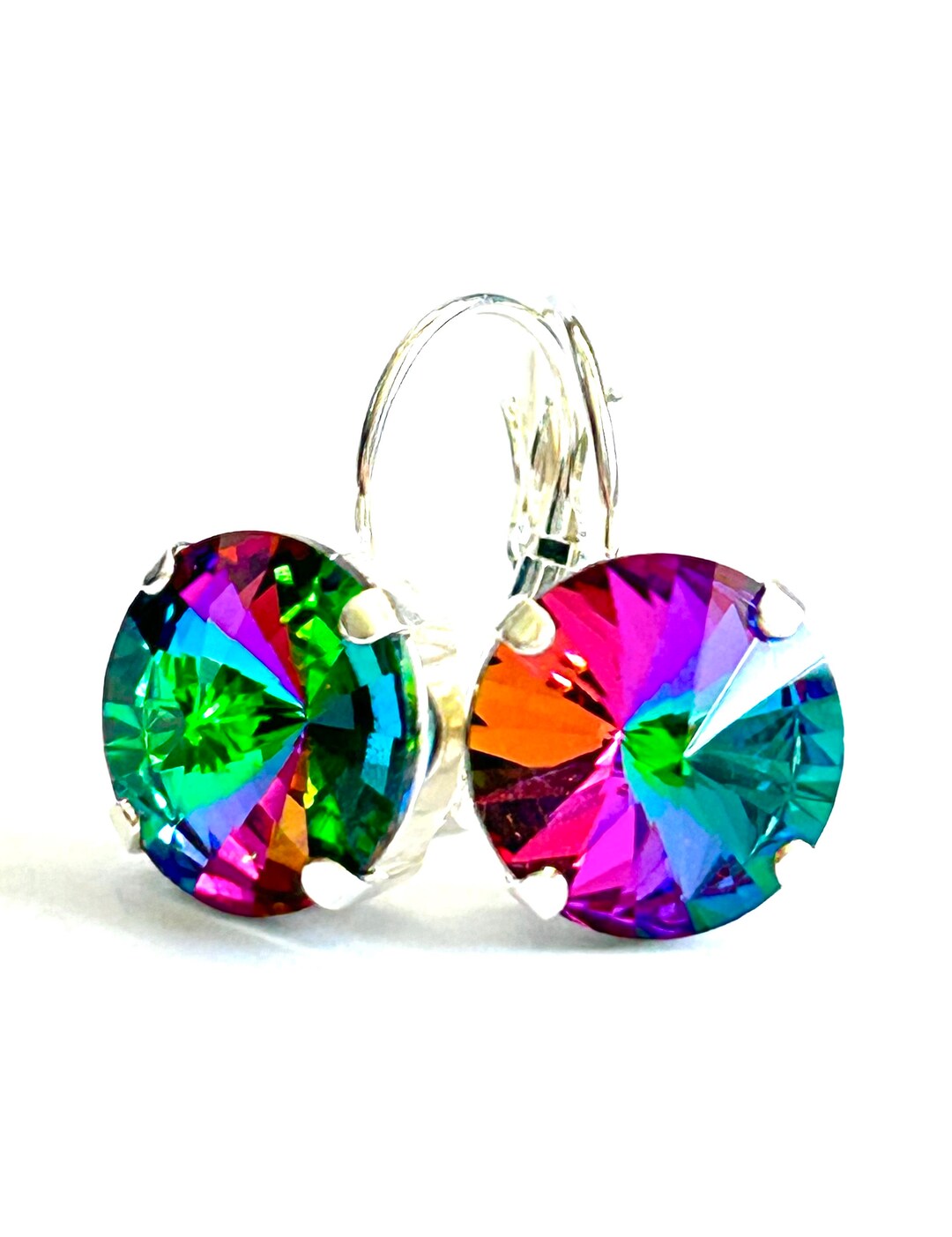 New Hot Pink Rainbow French Lever Back Rivoli Crystal Earrings Round ...