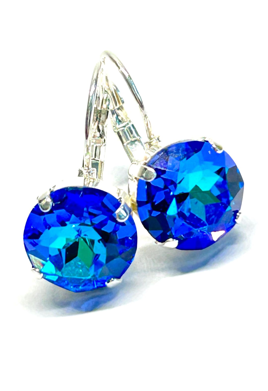Bermuda Blue Crystal Chaton Lever Back Earrings - Bright Blue Round ...