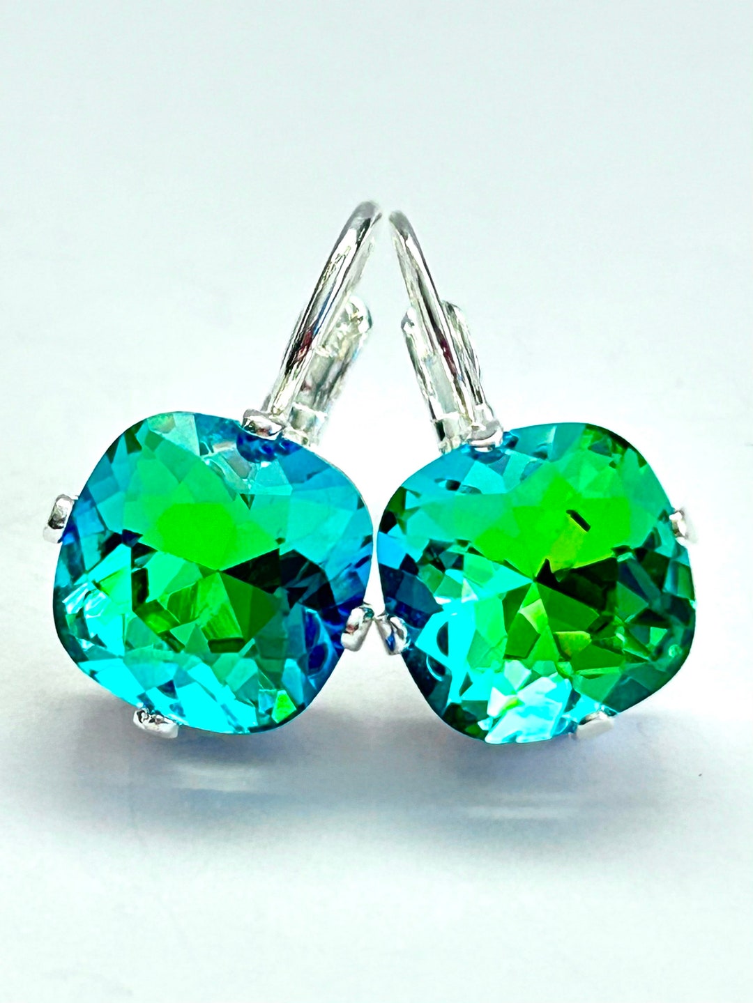 Aqua Sphinx Cushion Cut Crystal Earrings - Green and Blue Square ...