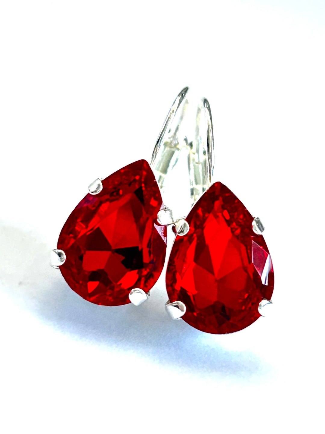 New - Red Crystal Teardrop Lever Back Earrings in Silver - Light Siam ...
