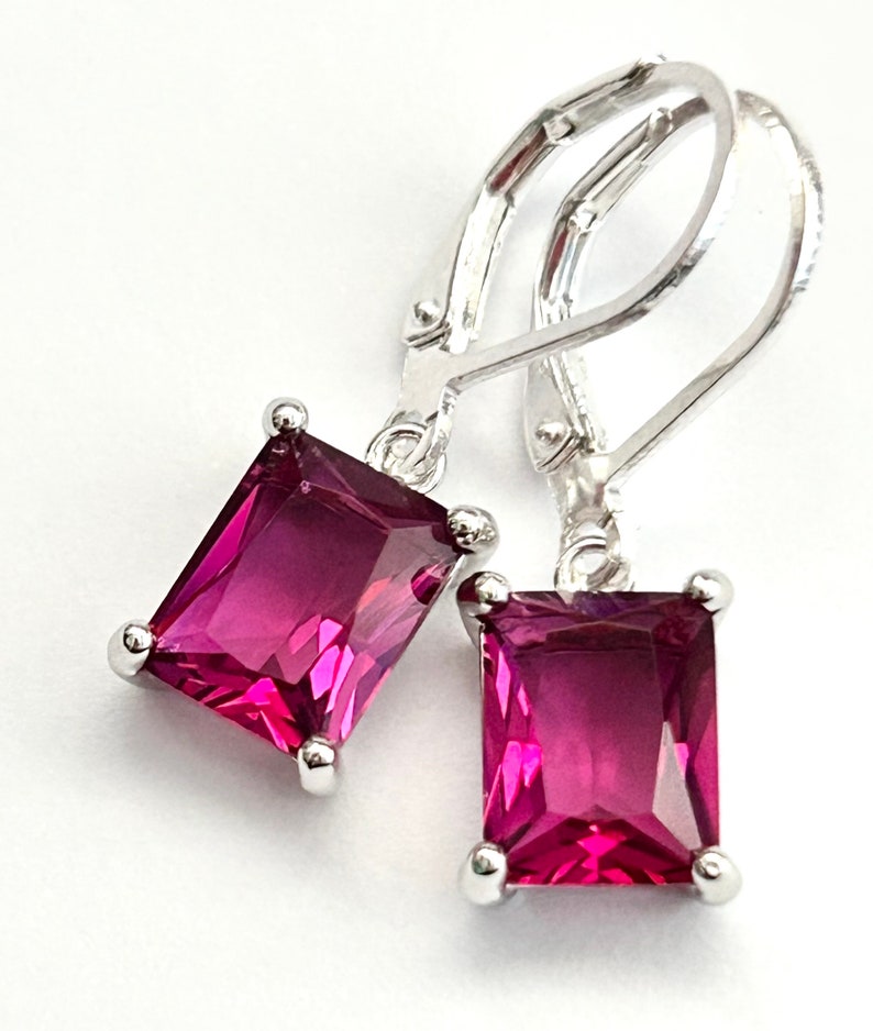 Magenta Emerald Cut Crystal Earrings - Sterling Silver Lever Backs ...