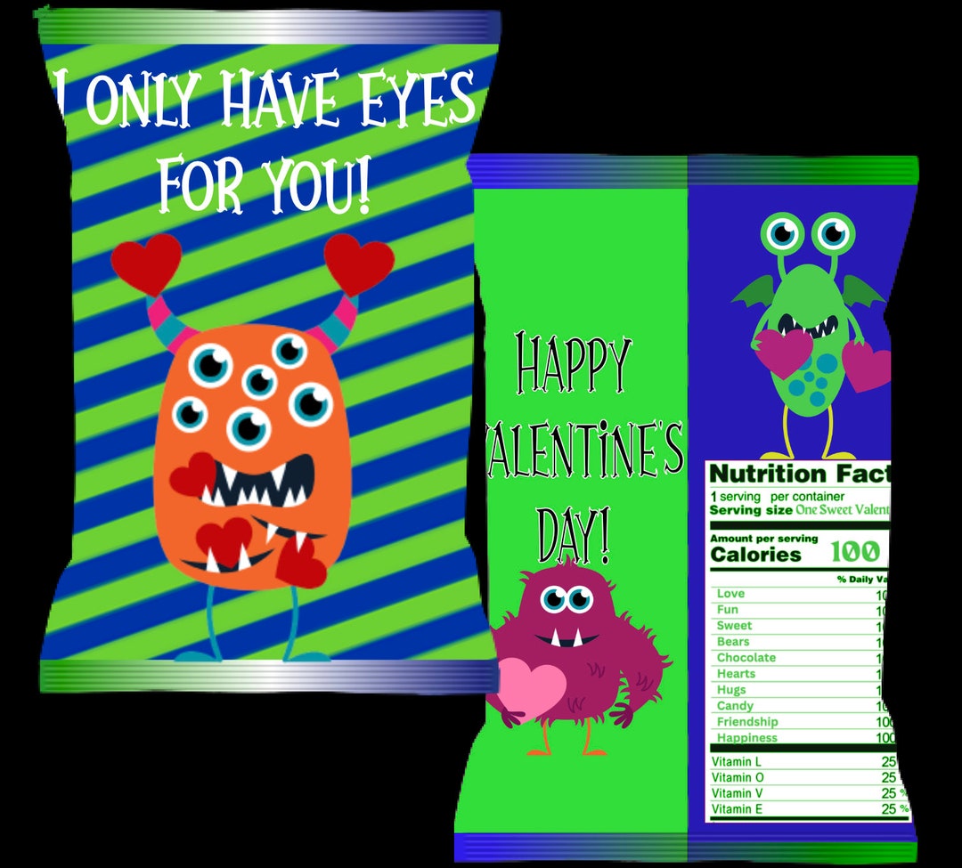Monsters Valentines Chip Bag. Treat Wrapper. Digital Download. Party ...